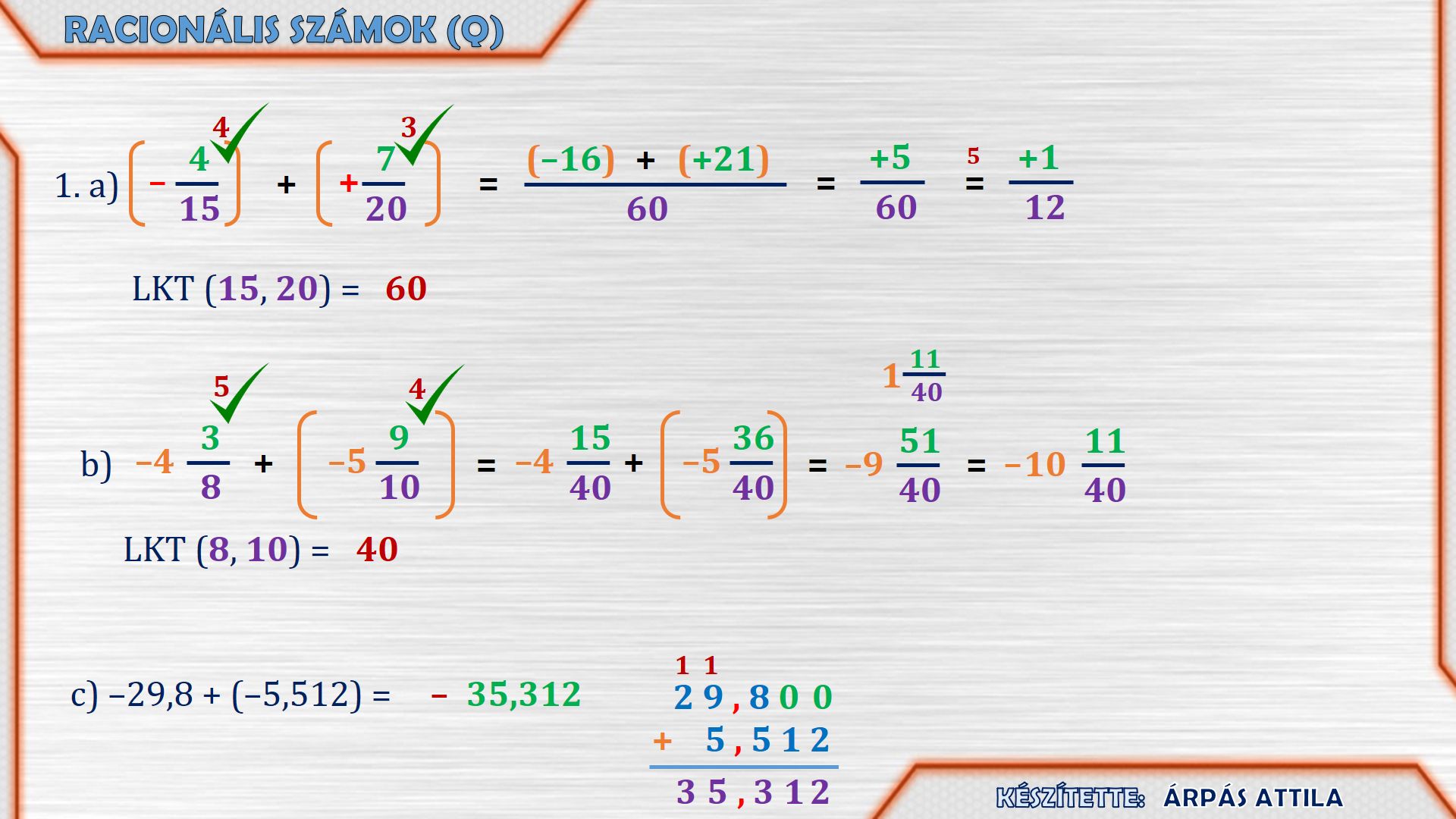 RACIONÁLIS SZÁMOK MŰVELETEK - 1. FELADATLAP
