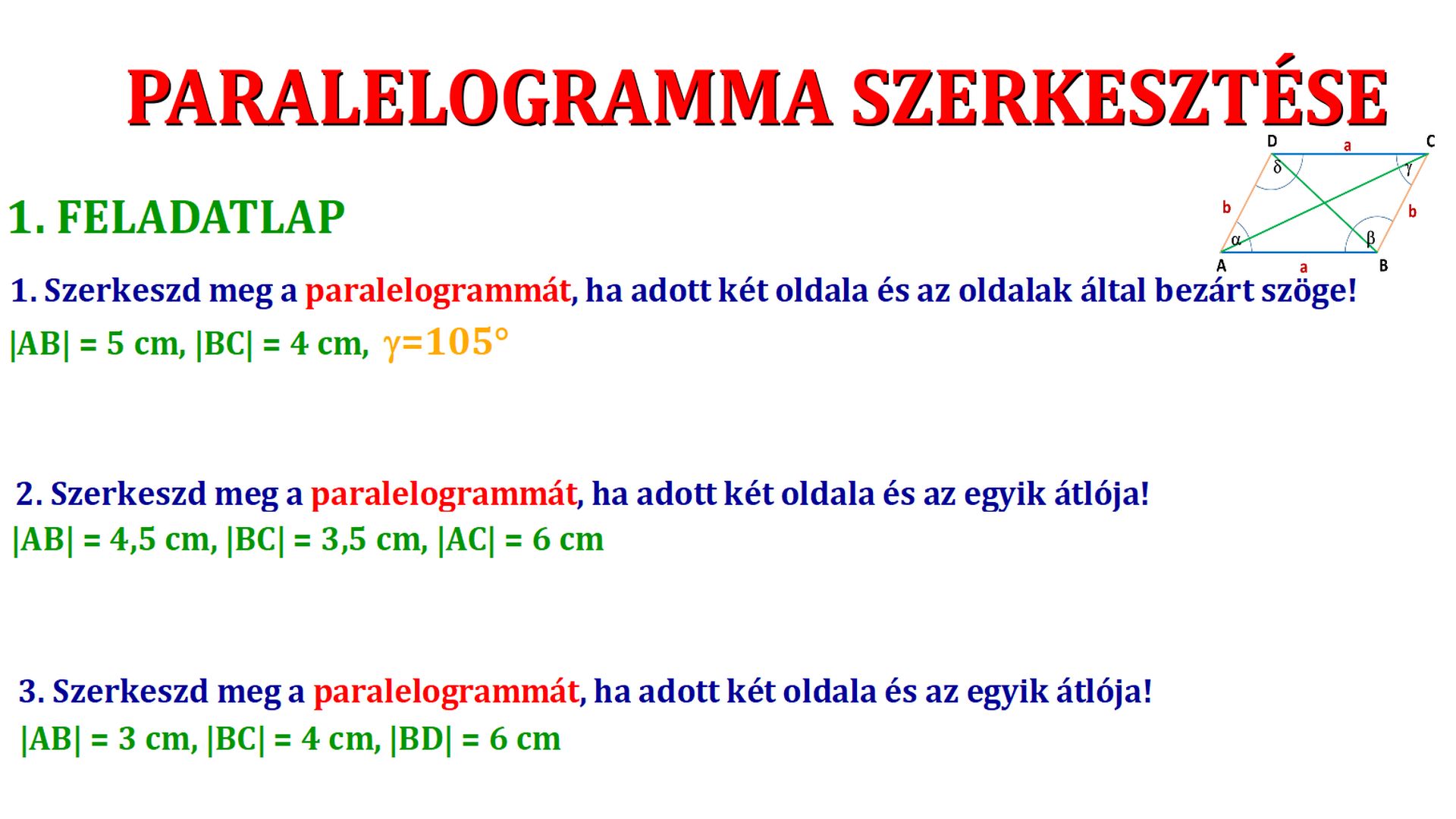 PARALELOGRAMMA SZERKESZTÉSE (1. FELADATLAP)