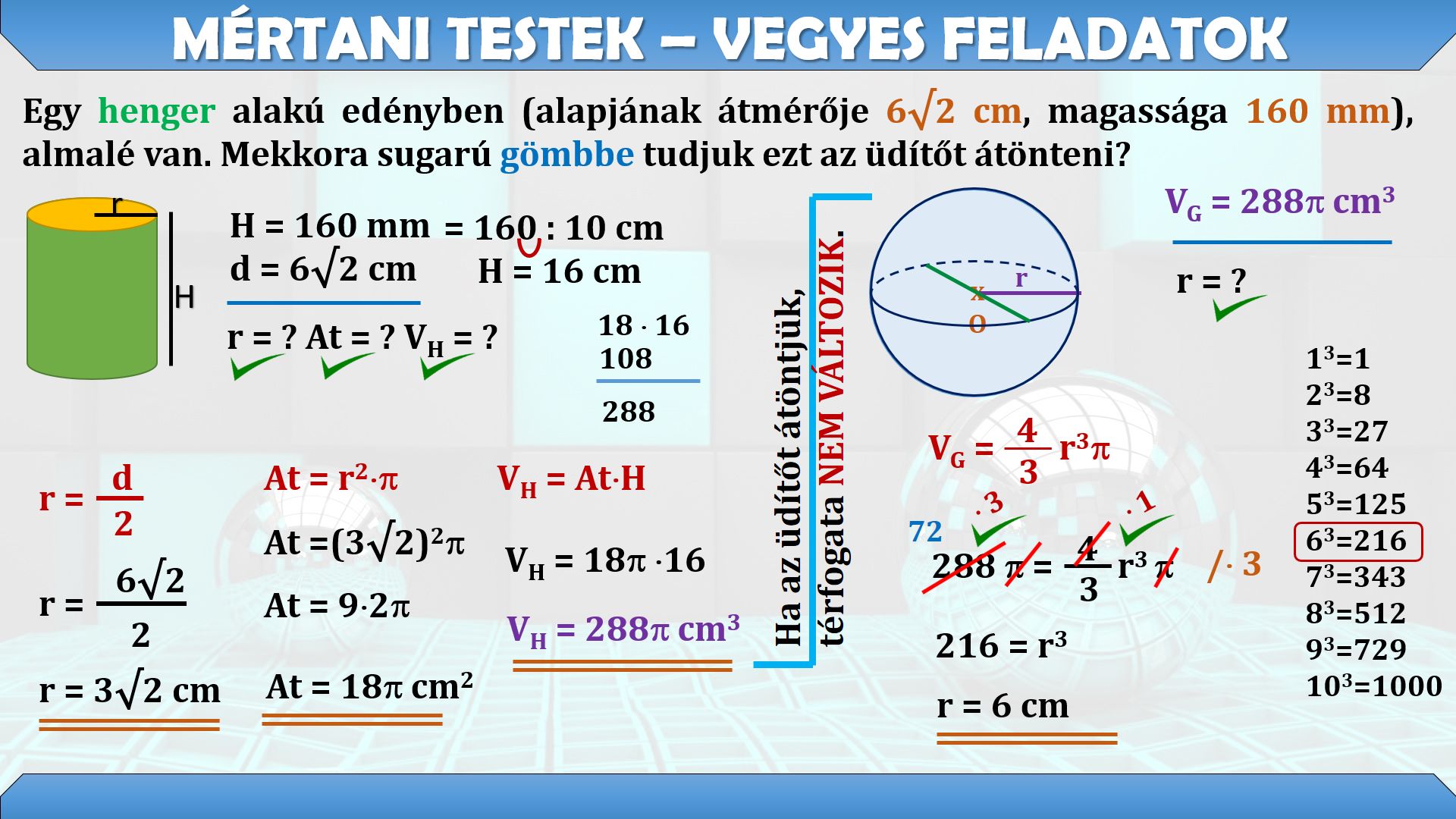 MÉRTANI TESTEK FELSZÍNE ÉS TÉRFOGATA – VEGYES FELADATOK