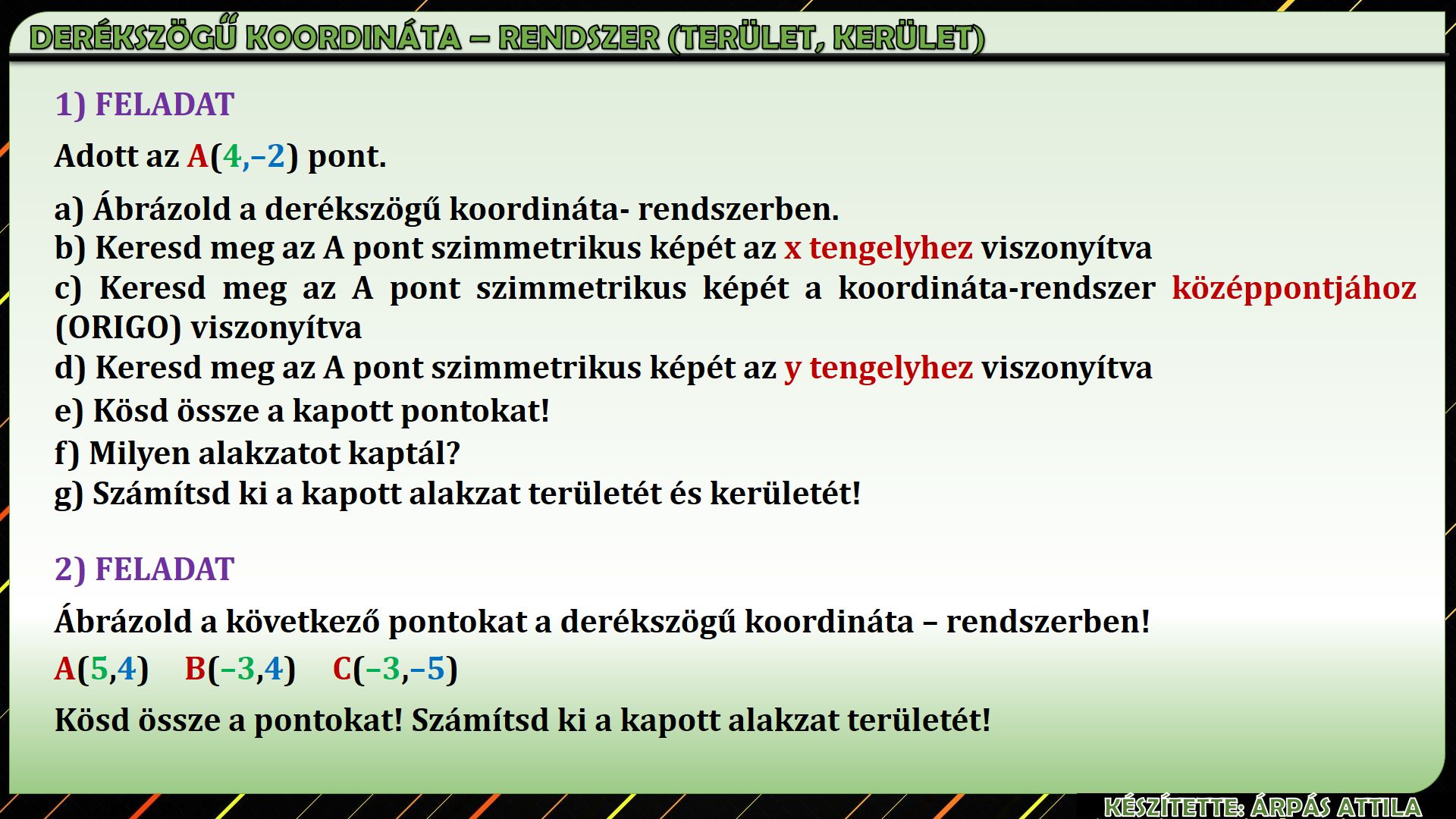 SÍKBELI ALAKAZATOK TERÜLETE A DERÉKSZÖGŰ KOORDINÁTA-RENDSZERBEN