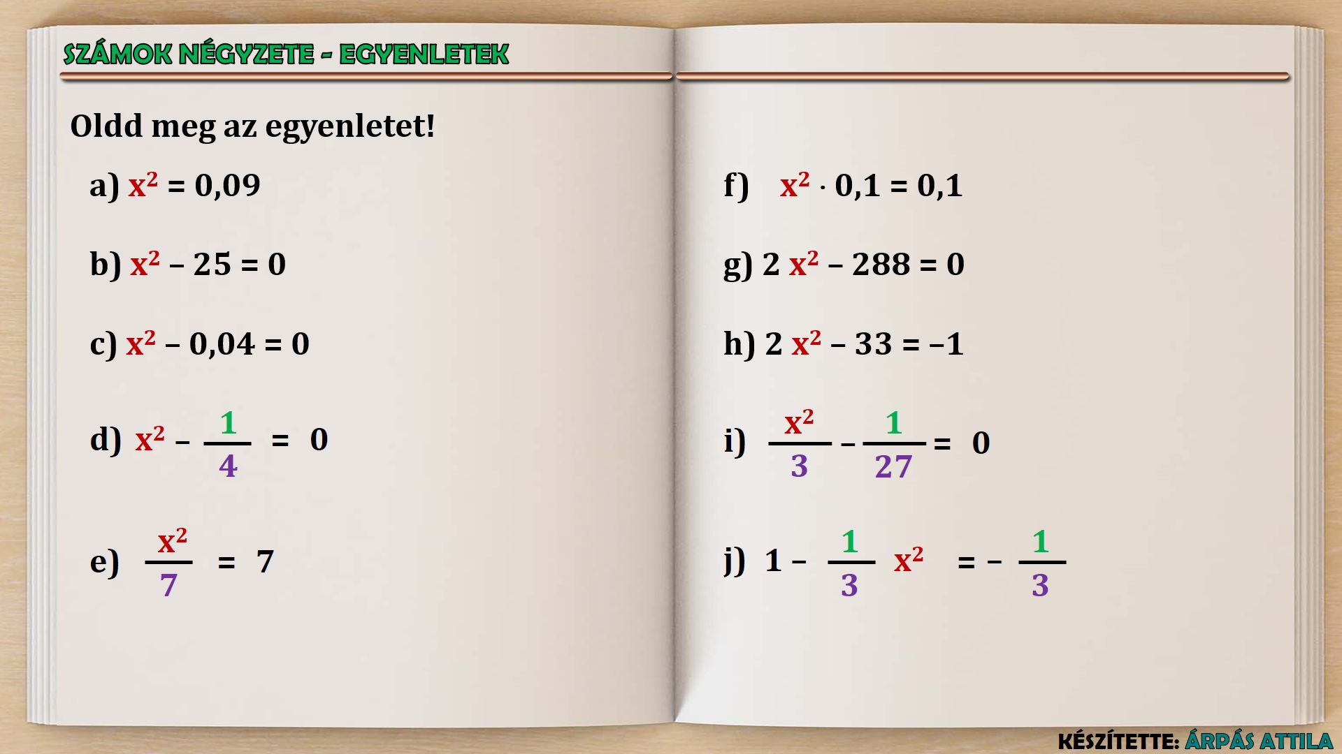 2) NÉGYZETSZÁMOKAT TARTALMAZÓ EGYENLETEK MEGOLDÁSA – 2. RÉSZ (NEM ...