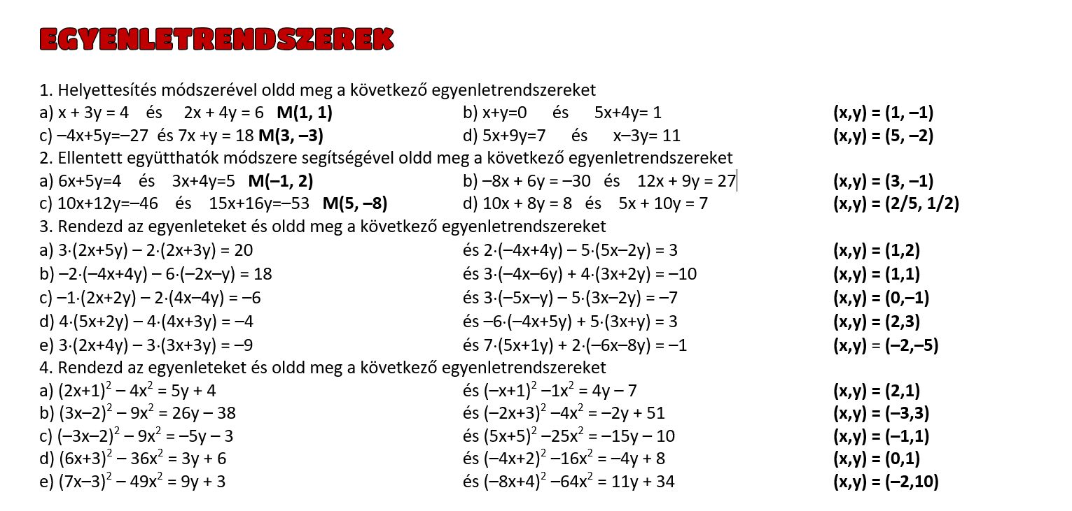 FELADATLAP – KÉTISMERETLENES EGYENLETRENDSZER